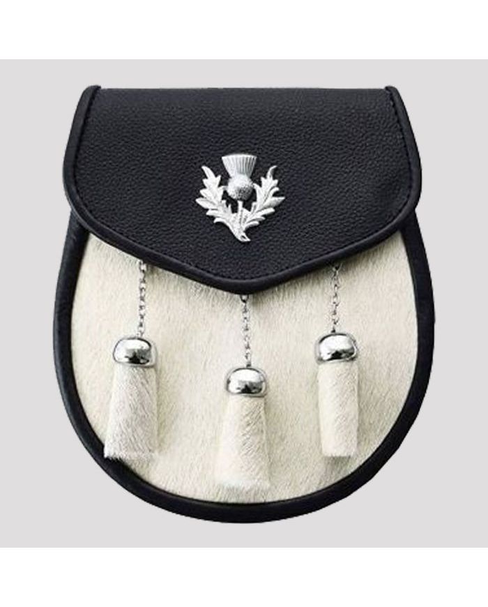 White Bovine Goat Fur 3 Tassel Leather Sporran